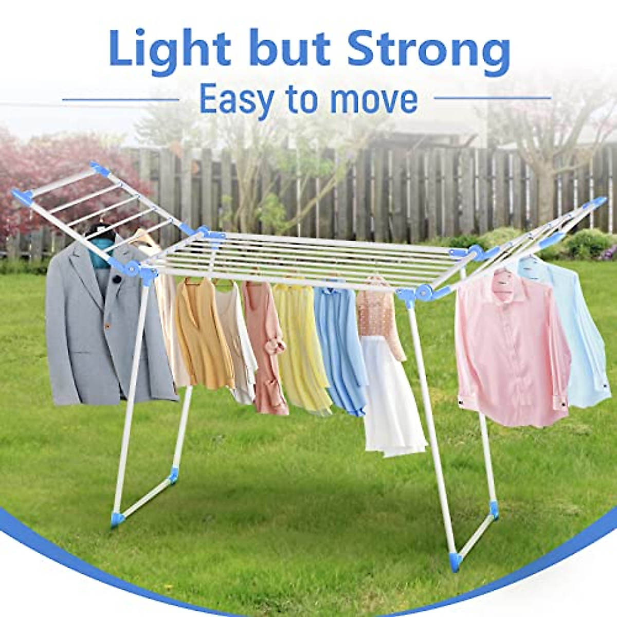 YUBELLES Clothes Drying Rack, Gullwing Laundry Rack, Collapsible, Space-Saving Laundry Rack, with Bonus Sock Clips, for Clothes, Towels, Linens, Indoor/Outdoor, Blue