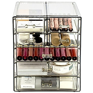 Sorbus Acrylic Clear Makeup Organizer - Big & Spacious Cosmetic Display Case - Stylish Designed Jewelry & Make Up Organizers and Storage for Vanity, Bathroom (3 Large, 4 Small Drawers) [Black Jewel]