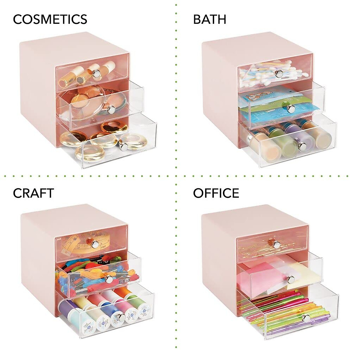 mDesign Plastic 3 Drawer Cosmetic Organizer - Stackable Storage Cube with Pull-Out Drawers for Bathroom Countertop, Vanity, Desk - Makeup Storage Drawers, Lumiere Collection, 2 Pack, Light Pink/Clear