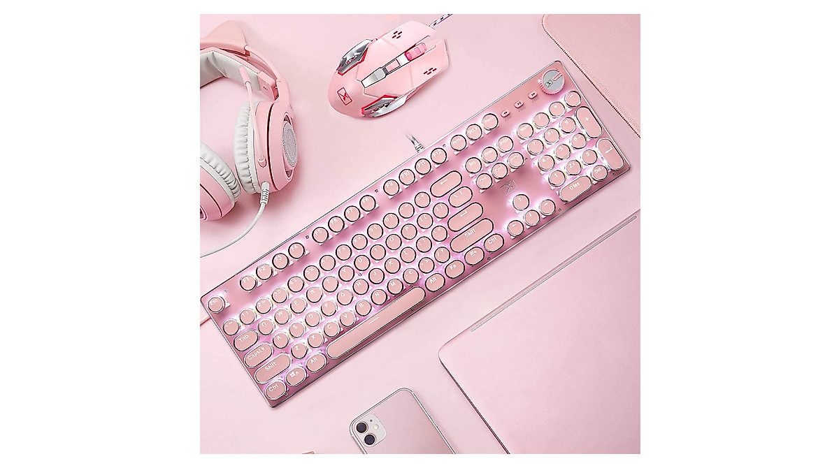 Pink Mechanical Gaming Keyboard & Mouse Combo | Retro Typewriter Style