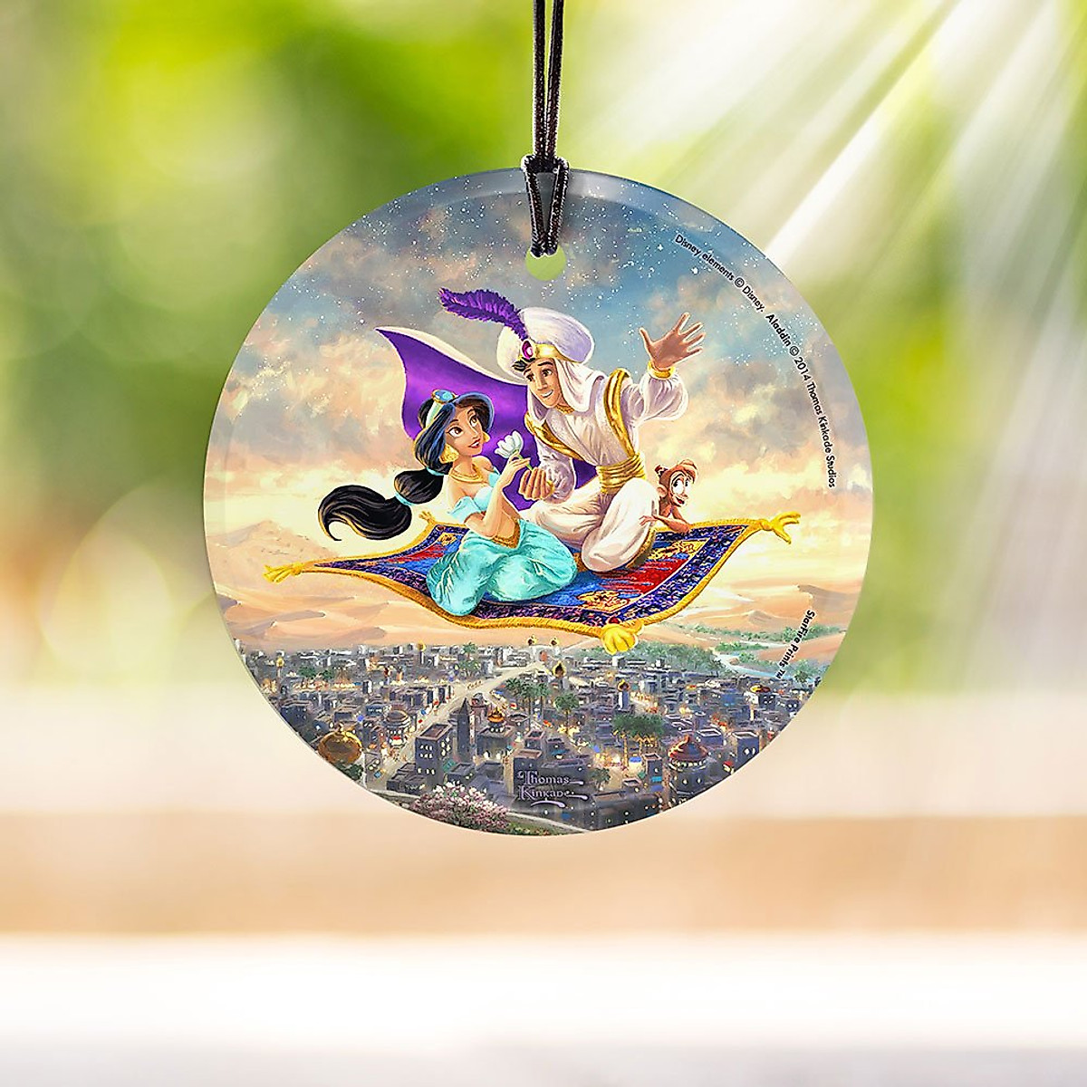 Trend Setters Disney – Aladdin – Princess Jasmine – Flying Carpet Ride - Thomas Kinkade – 3.5” Starfire Prints Hanging Glass Print Accessory - Ideal for Gifting and Collecting Ltd.