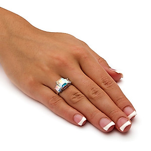 PalmBeach Sterling Silver or 14K Yellow GoldPlated Emerald Cut Aurora Borealis Cubic Zirconia 3 Stone Ring Size 8