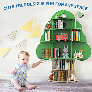 Tree Kids Bookshelf, Toddler Wood Bookcase, 16-Cubby Children Toy Storage Organizer Book Shelf for Kids Rooms, Nursery, Bedroom, Living Room, Classroom, Boy Girl’s Gift (Green Tree)