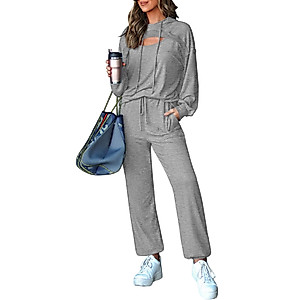 Pink Queen Women's Two Piece Lounge Set Sweatsuits Casual Fall Cutout Pullover Hoodies Tracksuit Ladies Running Active Drawstring Pants With Pockets Light Grey L