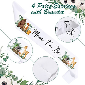 4 Pieces Mom to Be Sash for Woodland, Baby Shower Sash Mom to Be Corsage with Sage Green Leaf Crown Dad to Be Corsage Set Woodland Theme Baby Shower Party Favors for Gender Reveal (White Flower)