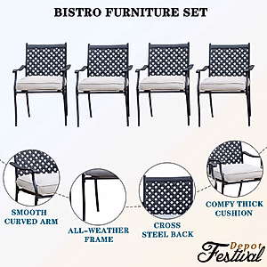 Festival Depot 5 Piece Patio Dining Set of 4 Armchairs with Cushions and Round Black Table with 2.04" Umbrella Hole Wrought Iron Outdoor Furniture for Deck Lawn Poolside (Beige)