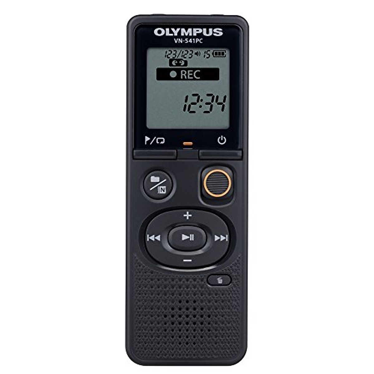 Olympus VN-541PC digital voice recorder with one-touch recording, noise-cancellation function, 4GB memory, four scenes recording, includes a micro-USB cable.