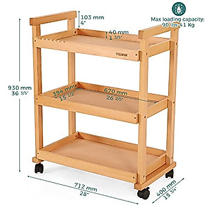 VISWIN 37" H Wood Storage Rolling Cart, Solid Beech Wood 3 Tier Rolling Cart with 4 Lockable Wheels, Multifunctional Art Craft Cart Organizer for Art Supplies, Studio, Classroom, Bedroom, Kitchen