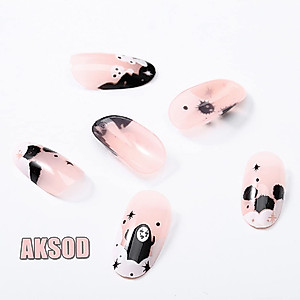 Aksod Ghost Press on Nails Short Glossy Virus Fake Nails Almond Cartoon Designed False Nails Tips Full Cover Cute Halloween Easter Festival Artificial Nails Sets for Women and Gilrs 24Pcs (Style G)
