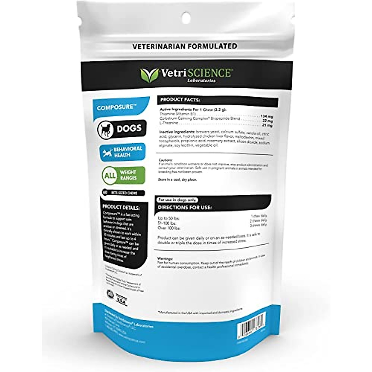 VETRISCIENCE Composure Calming Treats for Dogs Dealing with Anxiety, Separation Stress, Noise, Thunder and Barking - Yummy Flavored Chews Pets Love