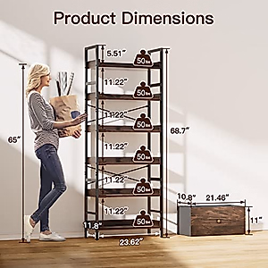 Pipishell Bookshelf, 6-Tier Bookcase with Storage Drawer, Tall Bookshelf Storage Rack with Metal Frame & Wood Grain Finish, Industrial Bookshelf for Living Room, Bedroom, and Home Office, PIBS02WN