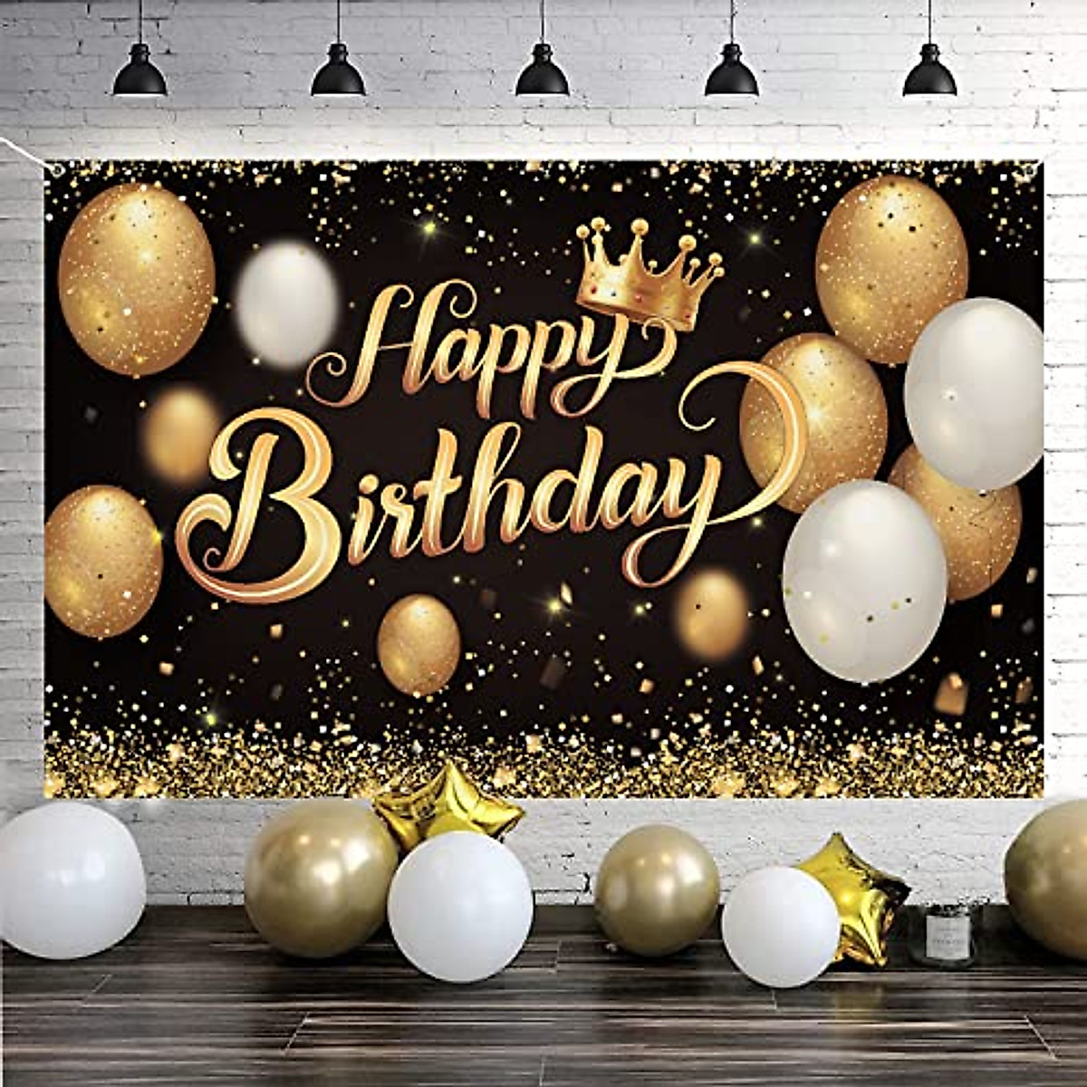 Happy Birthday Backdrop Banner 2 Pieces Large Black and Gold Happy Birthday Sign Birthday Photography Supplies Indoor Outdoor Birthday Party Decorations for Children Men Women Celebration