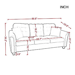 86.6” Flare Arm Polyester Upholstered Sofa with 2 Pillows - 3-Seater Couch for Living Room, Bedroom, Lounge, Office - Contemporary Design, Home Decor Furniture Accessory (Black)