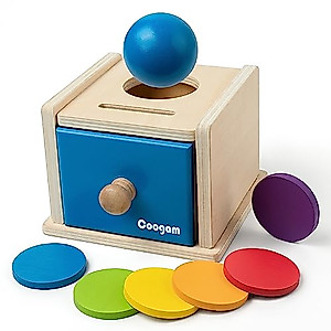 Coogam Wooden Montessori Coin Box Color Shape Sorting Matching Baby Toys, 2-in-1 Drop Box Object Permanent Box, Toddler Educational Learning Toy Gift for 1 2 3 Years Old