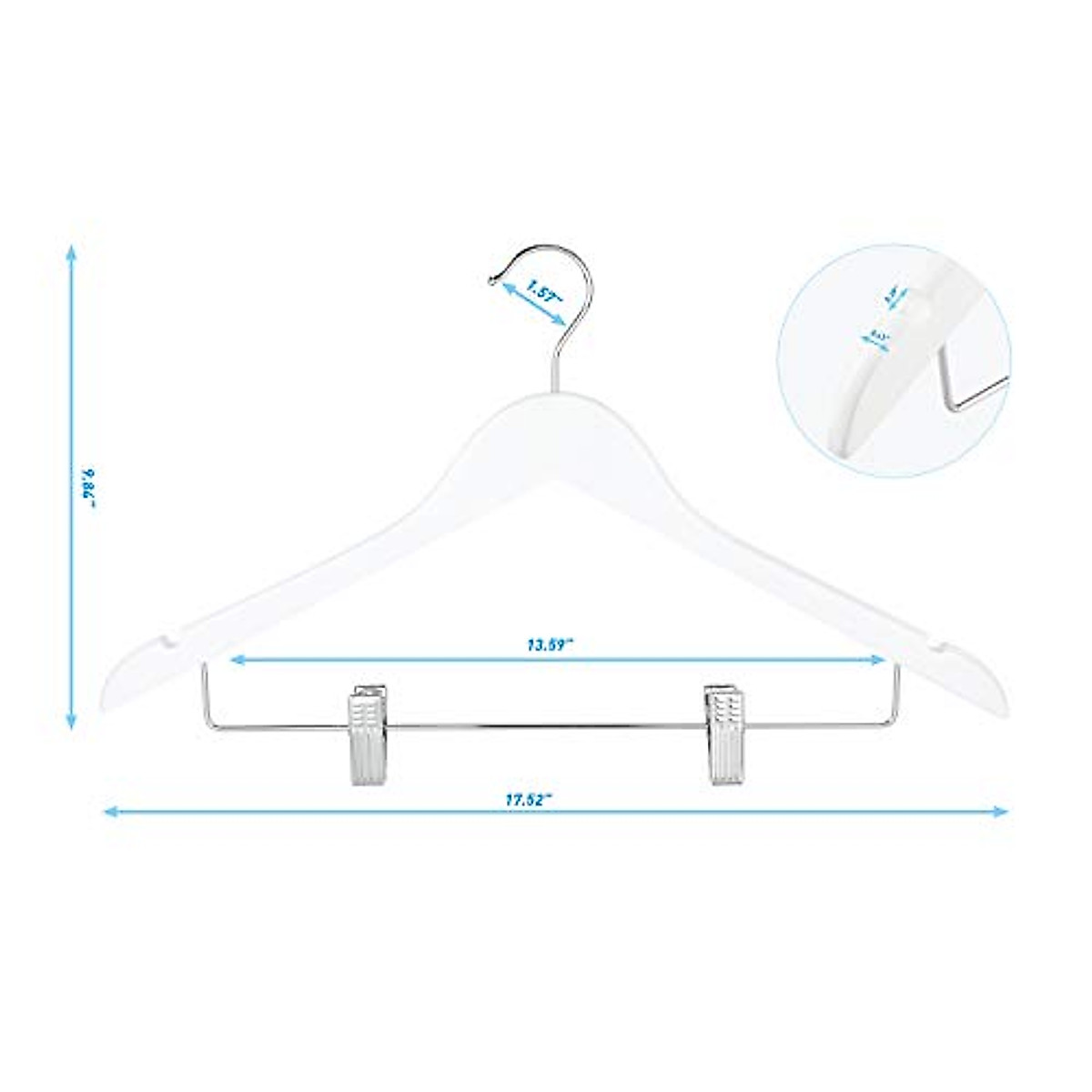 TOPIA HANGER Wooden Suit Hangers with Adjustable Metal Clips (10 Pack), Solid Smooth Wood Clothes Hangers, 360° Swivel Hook, Premium Pants Hangers for Clothes Coat, Jeans, Blouse-White,CT28W