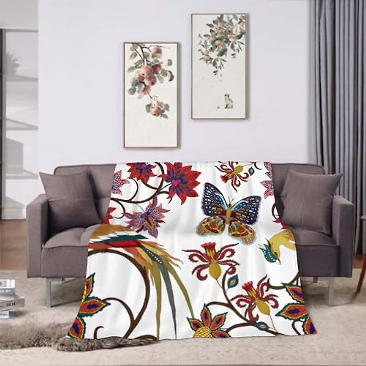 Throw Blanket 40x50 Inch,Oriental Beautiful Flowers Bird Flannel Soft Cozy Fluffy Throw Blankets and Warm Throws for Adults in Couch Sofa Bed 50x40 Inch