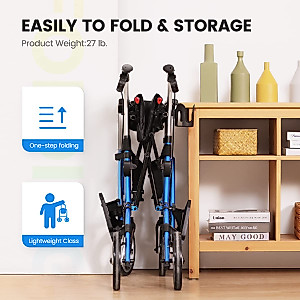 OasisSpace 2 in 1 Rollator Walker with Footrest - Transport Walker Chair with 10 inch Wheels, Walker with Cup Holder for Adult