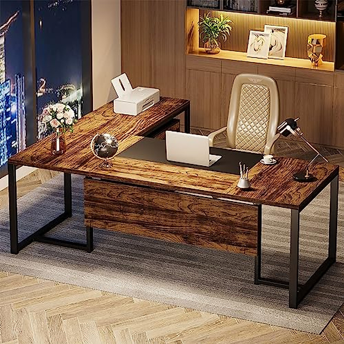 LITTLE TREE 70.8 Inches Executive Office Desk with File Cabinet, Large L Shaped Executive Desk with Storage Cabinet, Modern Office Desk with Drawers for Home Office(Rustic Brown Black)
