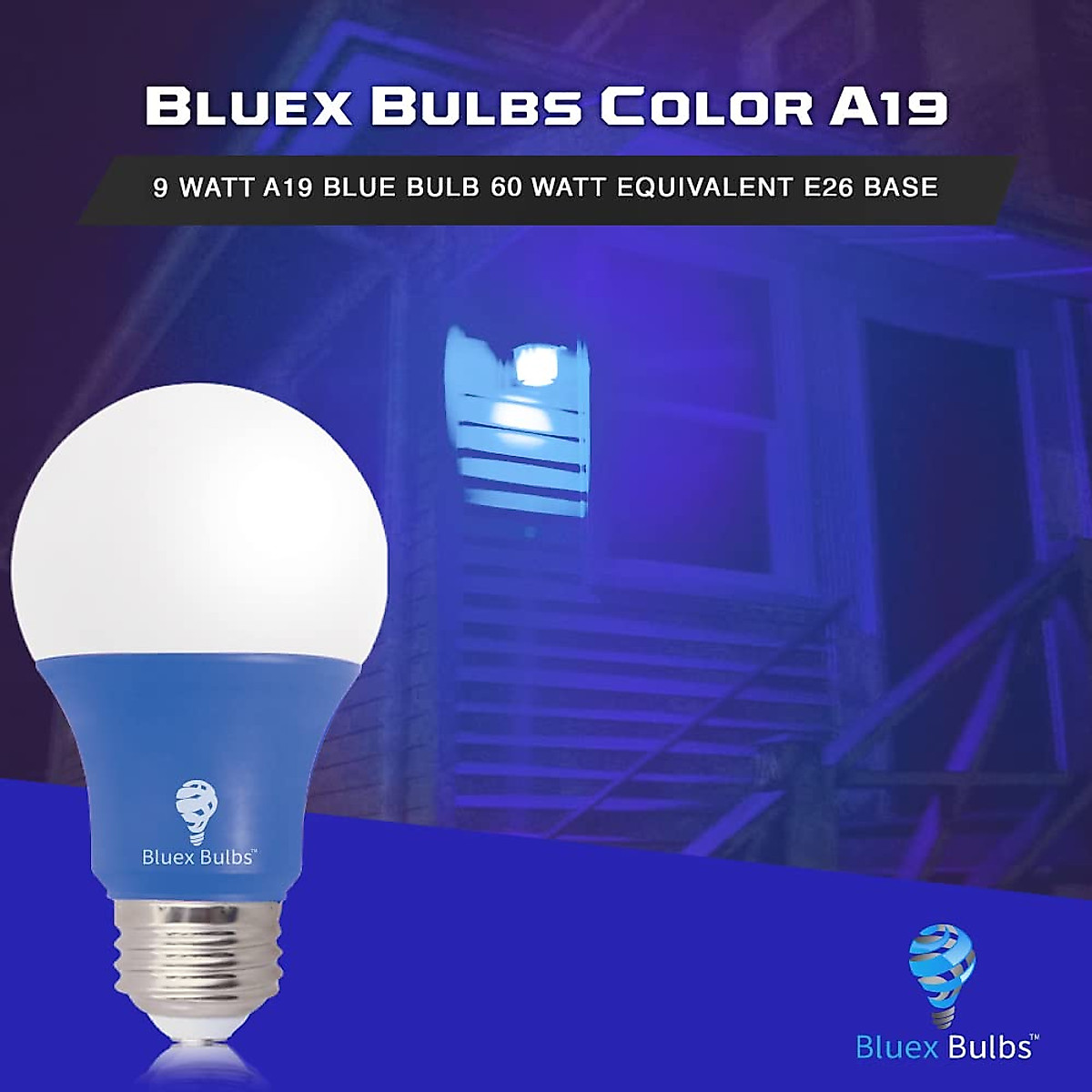 Bluex Bulbs LED A19 Light Bulb, 9W (60W Equivalent), Blue, E26 Base, 2-Count Package, 850 Lumen, Long Lifespan, Energy Saving, Non Dimmable, Indoor Outdoor