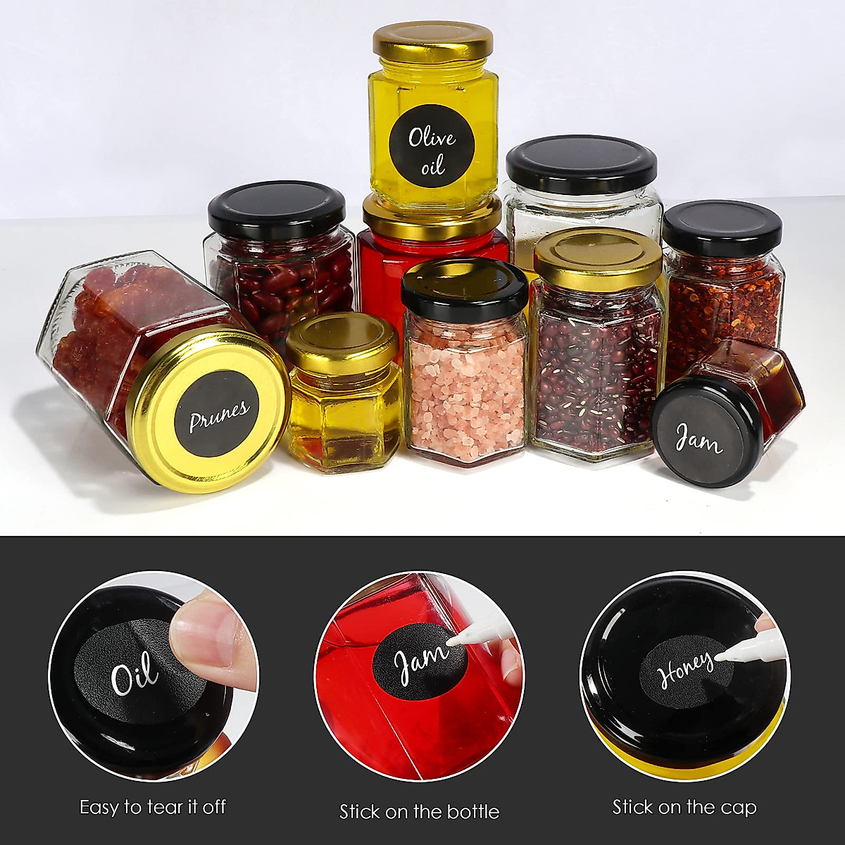 Betrome 6oz Glass Jars with Black Lids, 30 Pack 180ml Clear Hexagon Glass Canning Jars Honey Jars Spice Jars Mason Jars for Jams, Shower Favors, Wedding Favors, Craft, 1 Pen and Labels Included