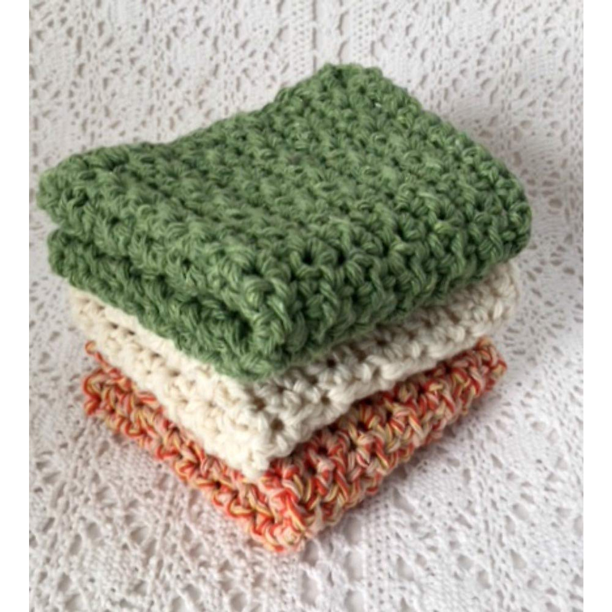 Crochet Kitchen Dish Cloths Fall Harvest Green Beige Orange Yellow Wash Cloth Crochet Cotton Dishcloths Set of 3