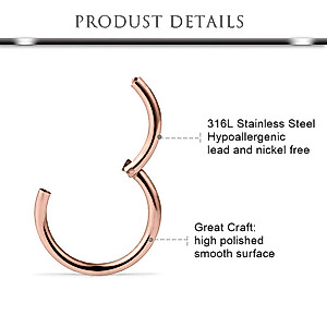 Hoeudjo Surgical Steel Hinged Clicker Segment Nose Rings Septum Clicker 16g 8mm Body Jewelry Lip Ear Piercing Earrings for Cartilage Helix Tragus Conch Daith Rook Lobe Snake Bite Women Men Rose Gold