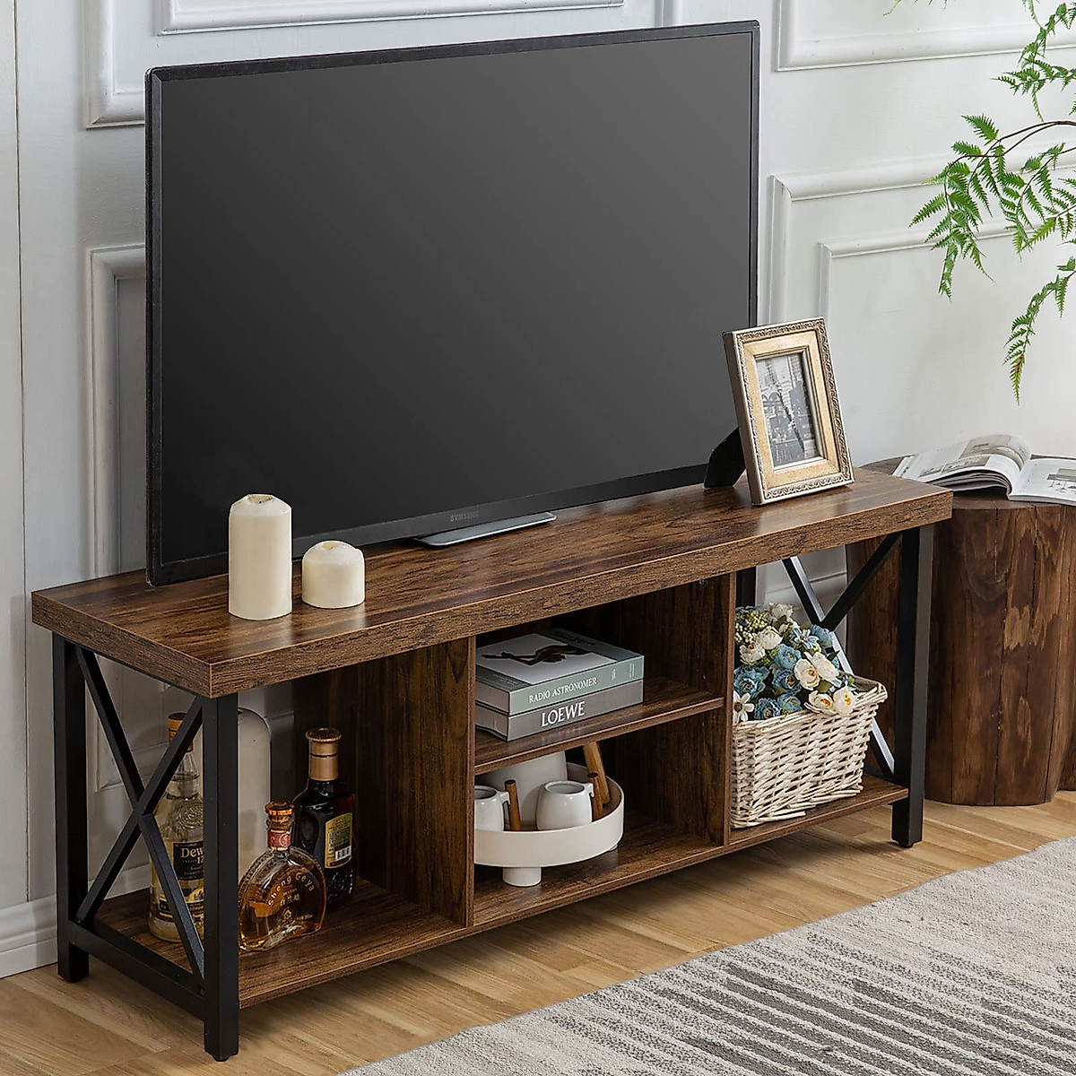 GAZHOME TV Stand for TV up to 55 Inches, TV Cabinet with Open Storage, TV Console Unit with Shelving for Living Room, Entertainment Room, Rustic Brown