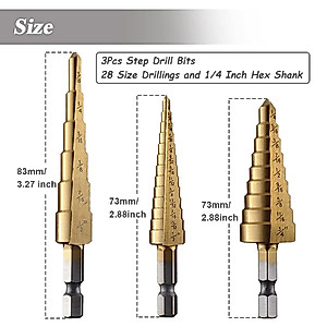 Mesee 3 Pcs Step Drill Bit Set, High-Speed HSS Steel Step Cone Drill Bits 1/4 Inch Hex Shank Step Drill Titanium Coated Hole Drilling Cutter Tool for Wood Plastic Sheet Metal
