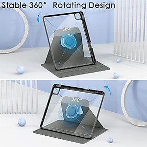 Soke Hybrid Rotating Case for iPad Pro 12.9 Inch (6th/5th/4th/3rd Generation, 2022/2021/2020/2018) - 360 Degree Rotating Stand + Pencil Holder + Auto Sleep/Wake, Shockproof Clear Back Cover,Black