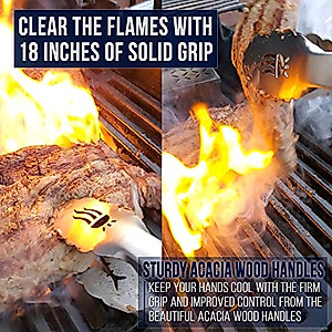 Shark BBQ Grill Tongs, Heavy Duty Barbecue Tong w Acacia Wood Grips, 18 Inch Long, Extra Sturdy Stainless Steel Meat Turner, Everyday Grilling Tools and Accessories for Top Grillers and Pitmasters