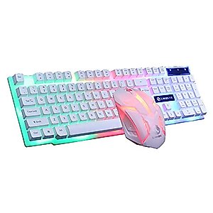 SUImeito Gaming Keyboard GT300 Colorful LED Illuminated Backlit USB Wired PC Rainbow Gaming Keyboard Mouse Set (White)