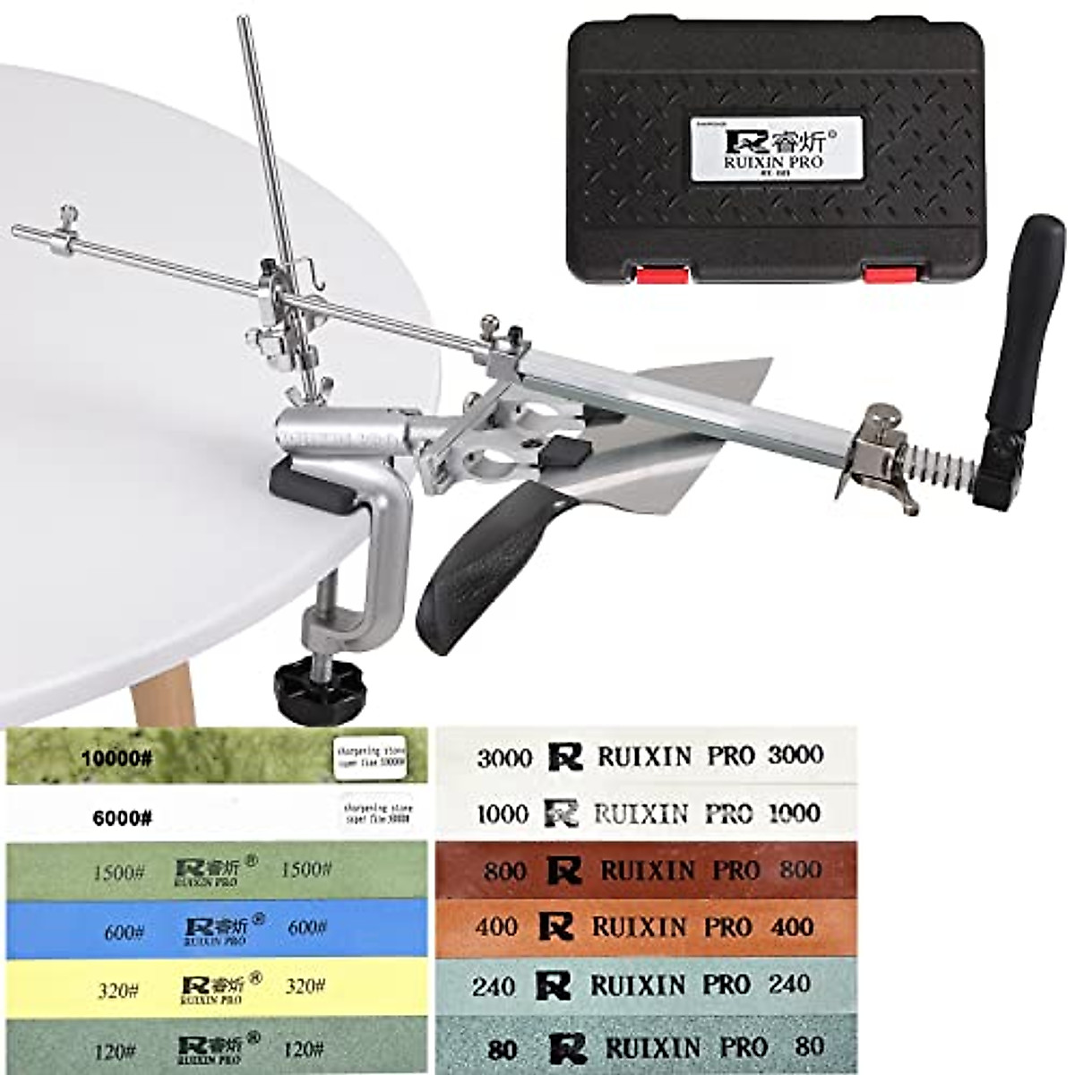 RUIXIN PRO RX-009 Professional Knife Sharpener with 12 Whetstones, 360° Rotation Flip Design Fixed-Angle Stainless Steel Kitchen Chef Knife Sharpening Kit Holding System Tools