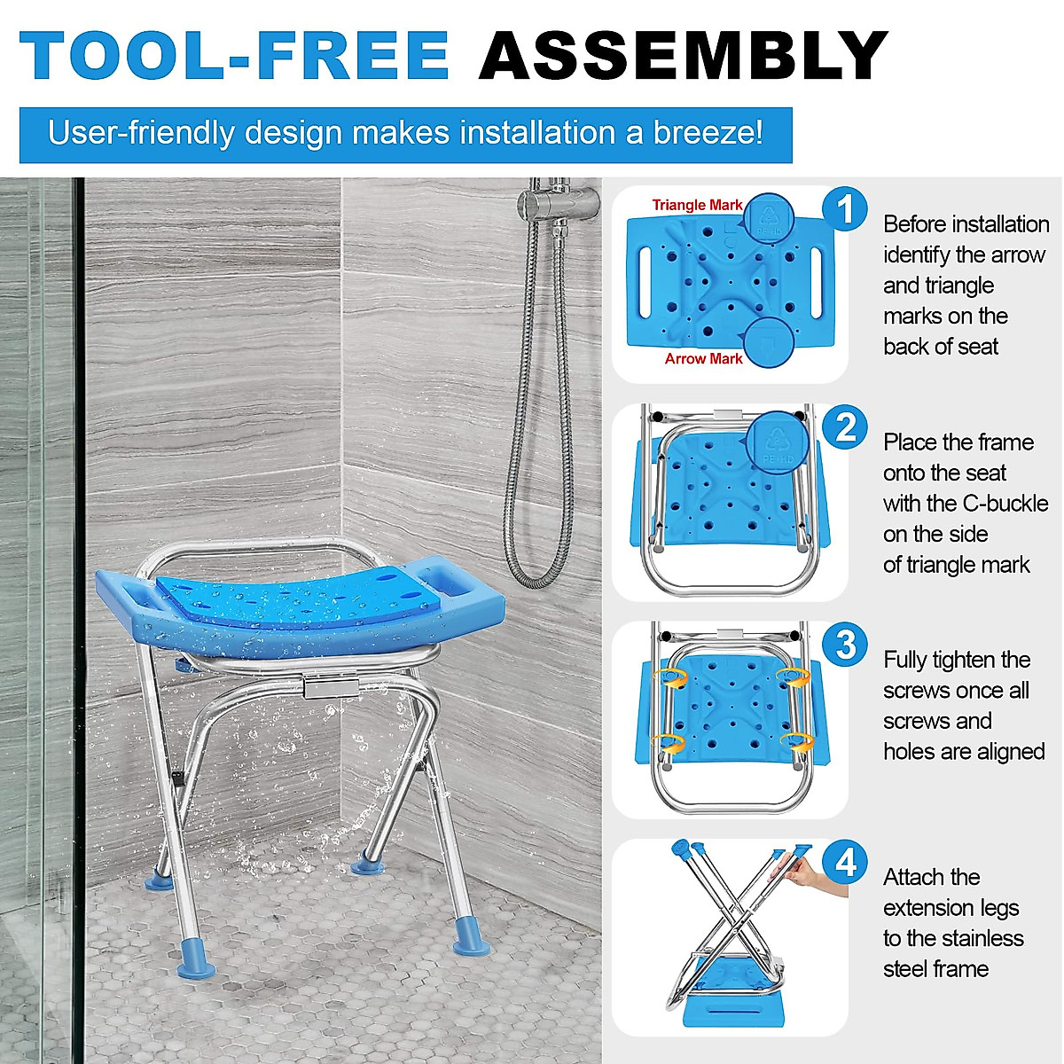 Medhelp Upgraded Folding Shower Chair, Stainless Steel Foldable Shower Seat for Inside Bathtub, Lightweight & Portable Travel Shower Stool, Anti-Slip Feet Bath Chairfor Elderly, Disabled, Injured