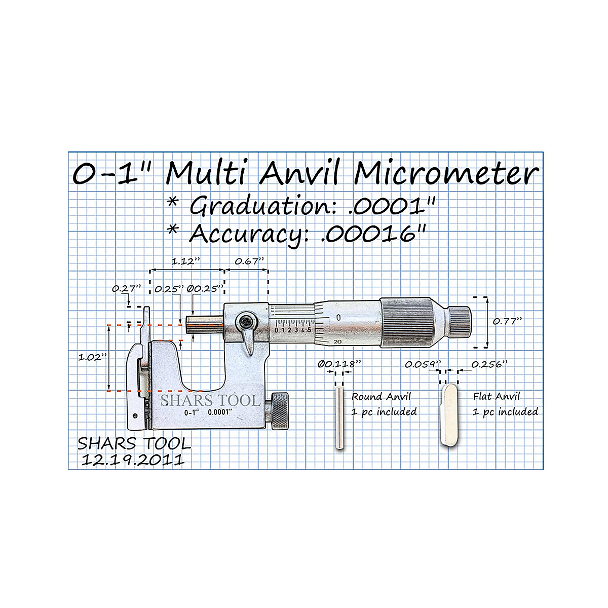 Shars 0-1" Multi Anvil Micrometer .0001" Graduation 303-2304 P)