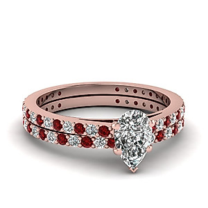 55Carat Classic Delicate Diamond Wedding Set 14k Rose Gold Plated Created Ruby Pear Shape Red colorWedding Ring Sets Prong Setting in Size 8