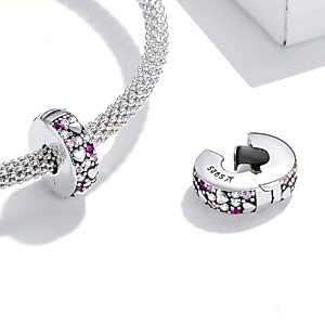 2pc Clip Spacer Charm Bracelets for Women 925 Sterling Silver Blue White Crystal Charm Clip Lock Spacer Stopper Charm Bead for Bracelet (Pink Crystal Love -2pc)