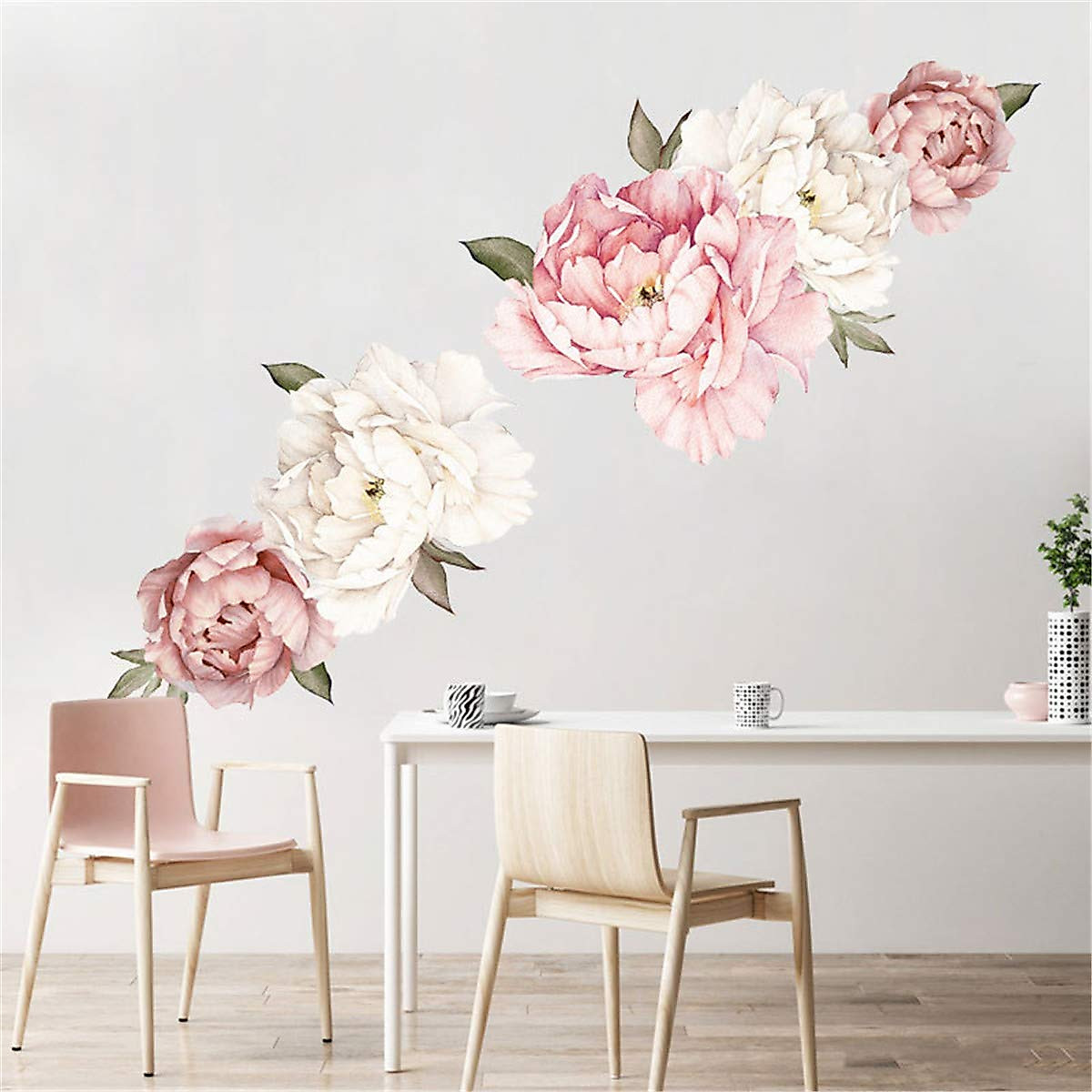 Peony Flowers Wall Sticker Waterproof PVC Rose Flowers Wall Decals Removable Floral Wall Decor Sticker for Living Room Bedroom Nursery Room