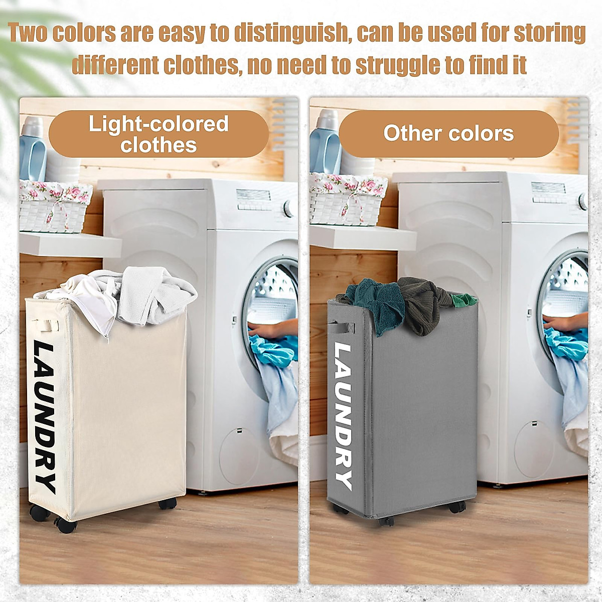 2 Pack Rolling Slim Laundry Basket Laundry Hamper with Wheels and Handle Foldable Waterproof Narrow Corner Clothes Storage Bins Tall Laundry Basket for baby's room/Laundry Room Etc,(42L,Beige+Grey)