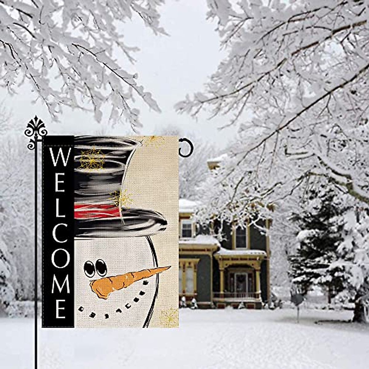 Winter Christmas Garden Flag Snowoman Welcome Snowflakes Vertical Double Sided Rustic Burlap Outdoor 12.5 x 18 Inch Seasonal Holiday Outdoor Decorations Farmhouse Yard Decor