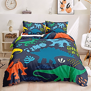 Axolotl Kawaii Dinosaur Bedding Set Full Size for Boys,Cute Colorful Cartoon Duvet Cover,1 Soft Comforter Cover and 2 Pillowcases with Zipper Closure for Kids Girls Teens, No Comforter,Navy Blue