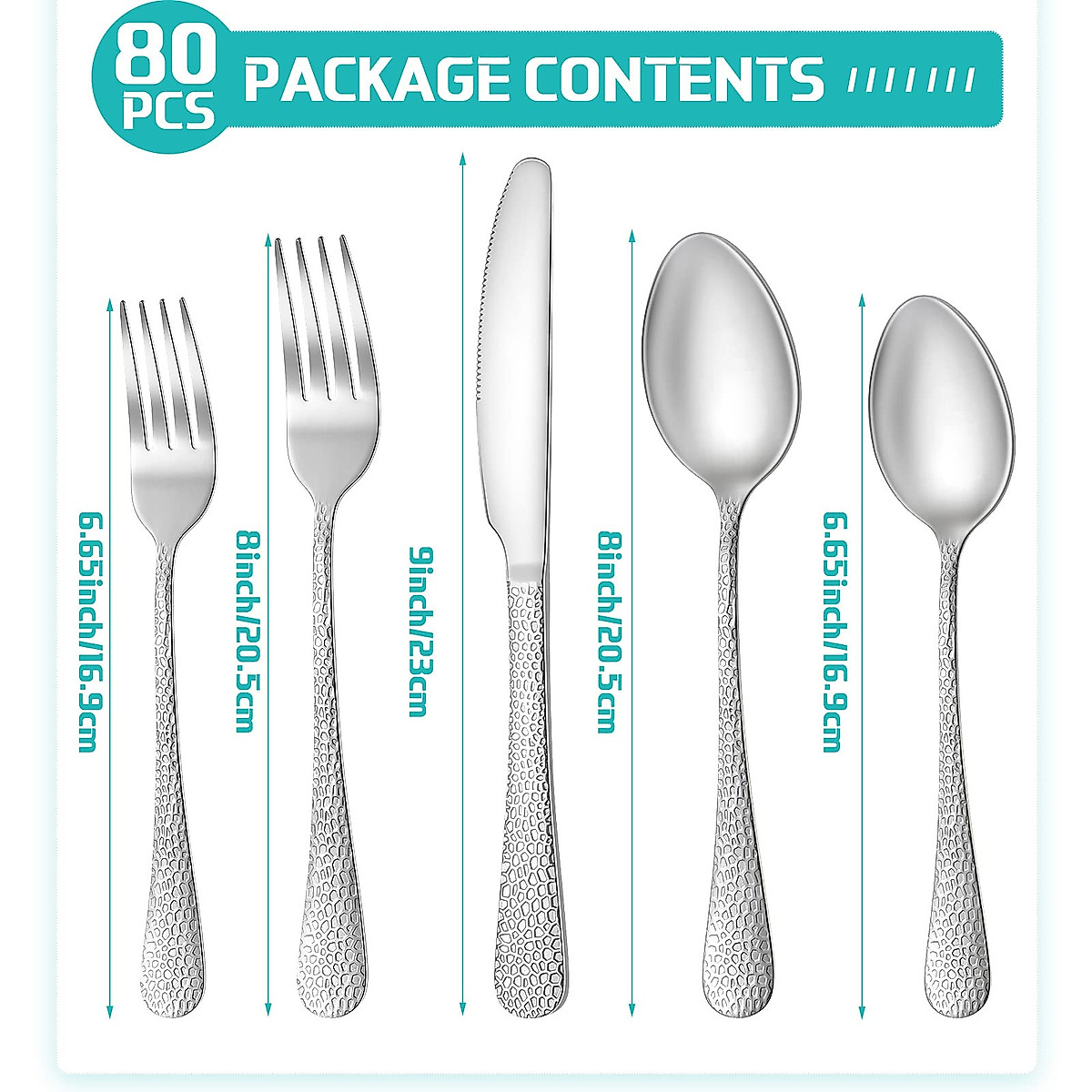 Shimeyao 80 Pcs Hammered Silverware Set, Stainless Steel Square Flatware Set for 16 Tableware Set Eating Utensils with Modern Design, Dishwasher Safe for Kitchen Restaurant