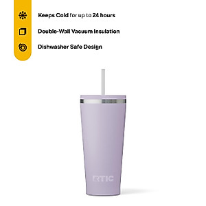 RTIC 20oz Everyday Tumbler Insulated Stainless Steel Portable Travel Coffee Cup with Straw, Spill-Resistant Lid, BPA-Free, Hot and Cold Drink, Ceramic Lining, Dusty Lilac