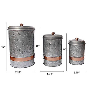 Benjara, Gray Galvanized Metal Lidded Canister with Copper Band, Set of Three, 3 Count