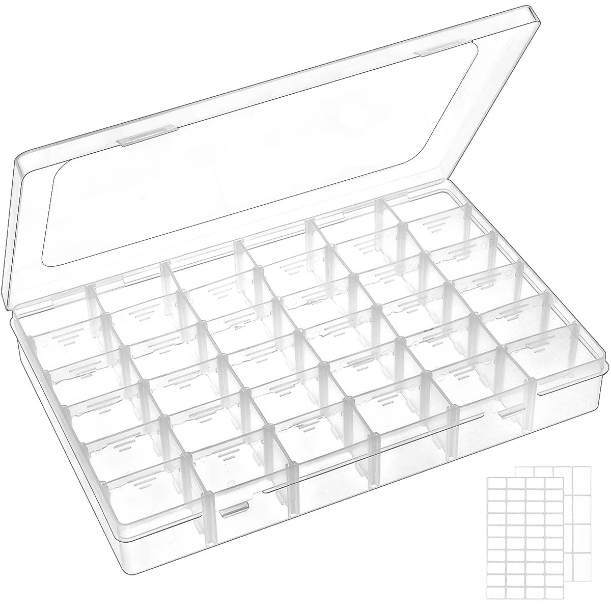 QUEFE 1 Pack 36 Grids Clear Plastic Organizer Storage Box Container, Craft Storage with Adjustable Dividers for Beads, Art DIY, Crafts, Jewelry, Fishing Tackle with Label Stickers