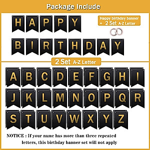 Custom Birthday Banner, Happy Birthday Bunting Banner with Name, Make Your Own Banner for Bday Party, Black Birthday Sign with 26 A-Z Letter Banners 2 Set