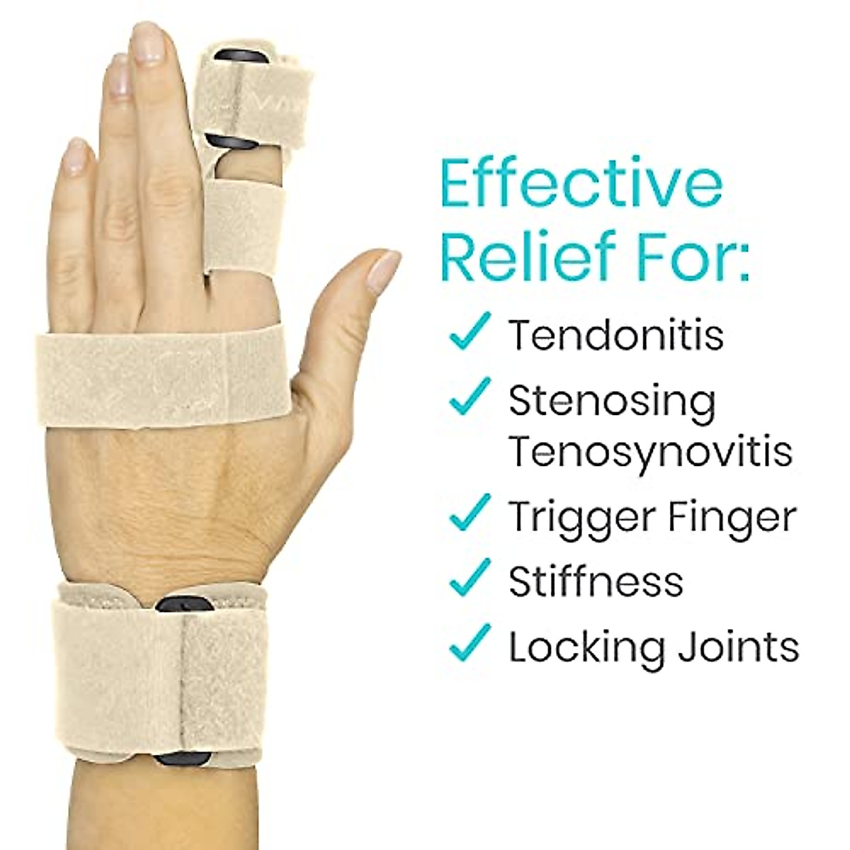 Vive Trigger Finger Splint - Full Hand and Wrist Brace Support - Adjustable Locking Straightener - Straightening Immobilizer Treatment For Sprains, Mallet Injury, Arthritis, Tendonitis (Beige)