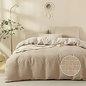 JELLYMONI Khaki Duvet Cover Twin Size - 3 Pieces Soft and Breathable Microfiber Knitted Jacquard Waffle Weave Striped Comforter Cover with 8 Corner Ties & Zipper Closure