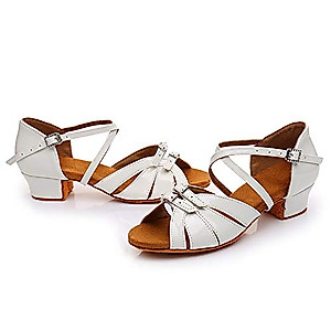 SWDZM Girls Latin Dance Shoes peep toe Ballroom Modern Salsa Party Wedding Performance Practice Dance Shoes,Heel-1.18'',Model-WHD28, White, 7.5 US