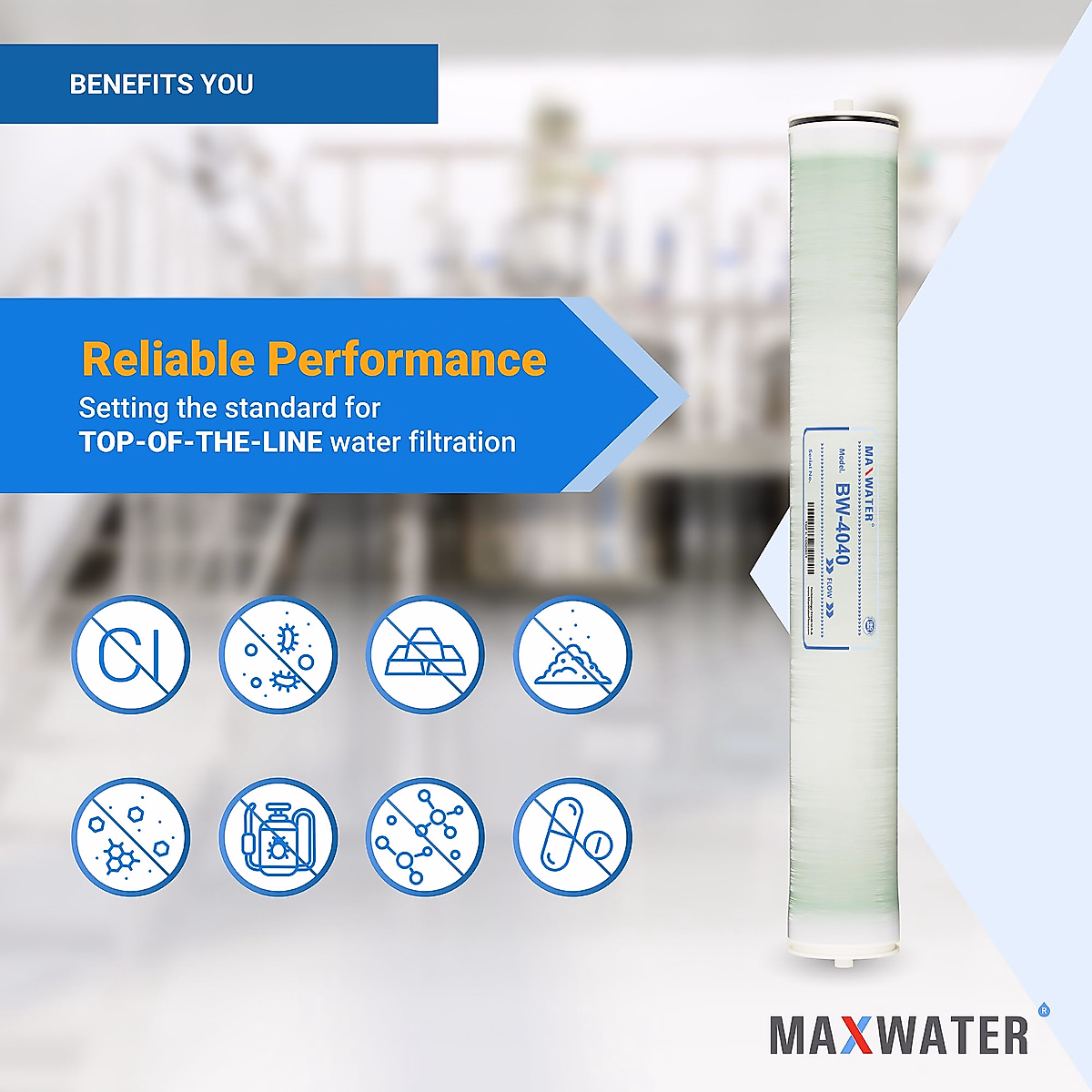 Max Water Brackish Water RO Membrane Element-BW-4040 2400 GPD, Commercial Reverse Osmosis size 4" x 40" good for Industrial, Municipal, Waste Water Re-Use, Car Wash, Whole House etc. (Pack of 4)