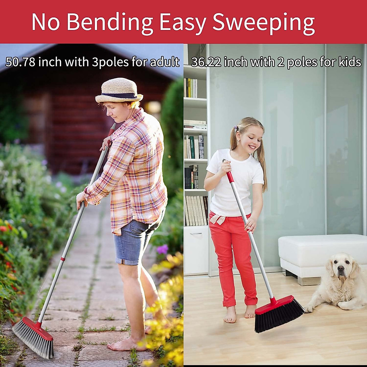 Heavy-Duty Broom Upgraded Double-Side Bristles Wide Angle Outdoor Brooms, 50.78” Adjustable Long Handle, Great for Garden Patio Kitchen Toilet Hair Sweeper
